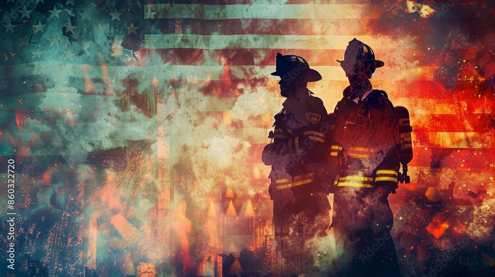 Heroic Firefighter Silhouettes Overlaying Vibrant 4th of July with ...