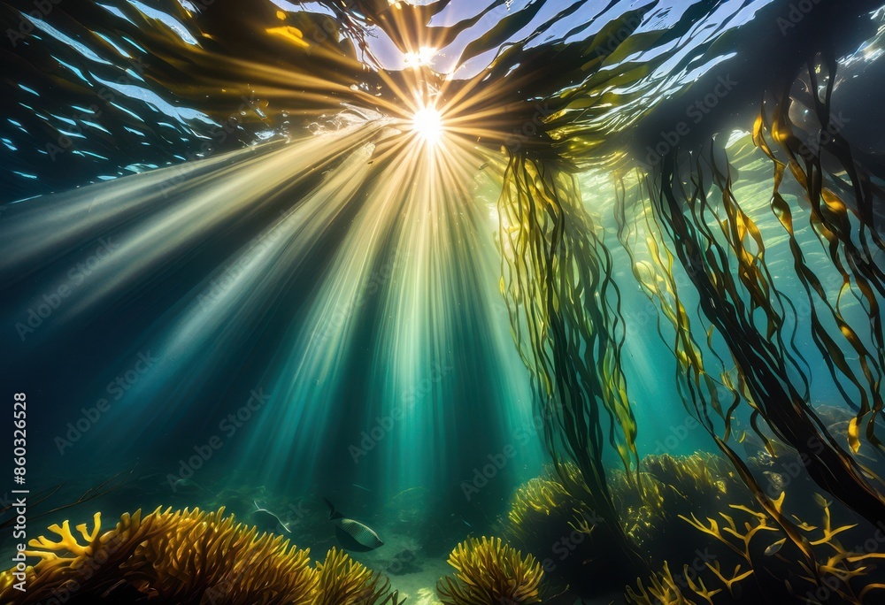 sun rays filtering through underwater kelp forest, plant, marine, ocean ...