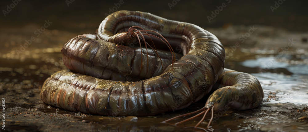 Giant millipede coiled in a natural, moist environment, highlighting ...
