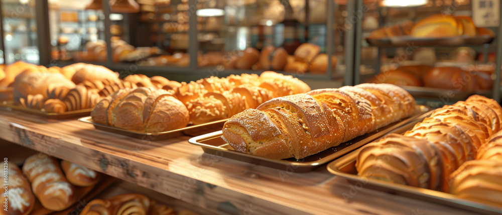 Freshly baked loaves and pastries line the shelves of a warmly lit ...