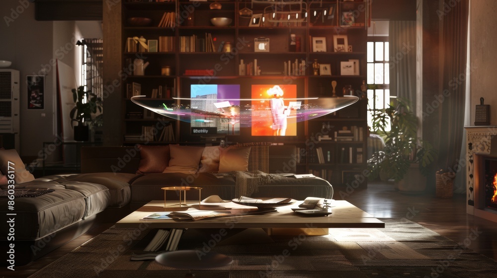 Foto de photorealistic living room, floating above the coffee table ...