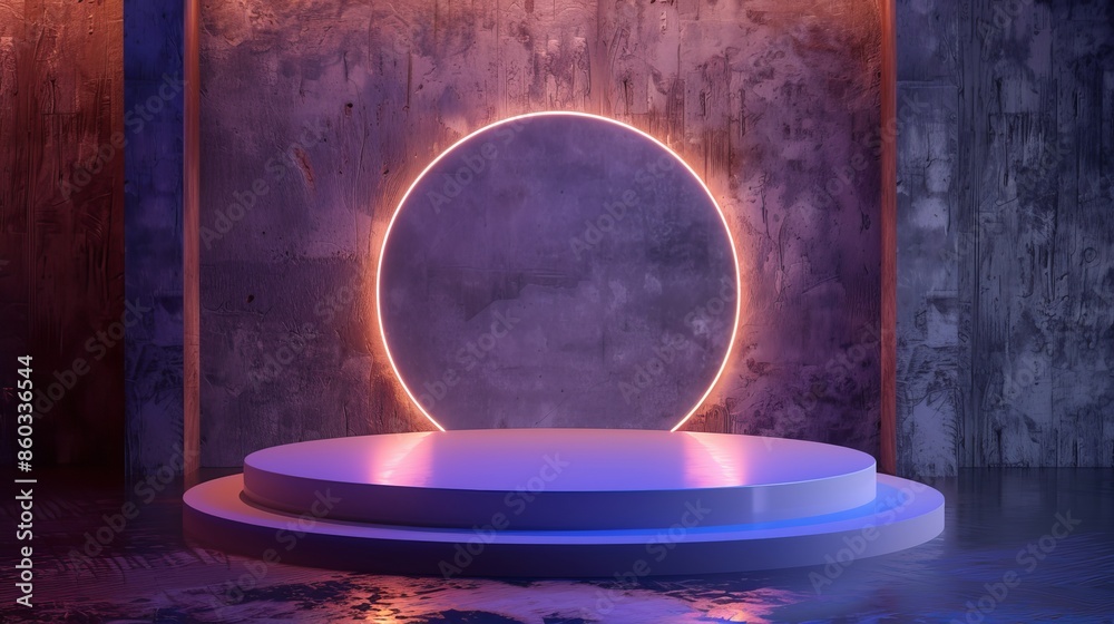 The design of the circular stage and abstract background combines ...