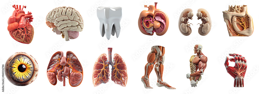 Collection of human Internal Organ Anatomy 3D Set. Heart, brain, teeth ...