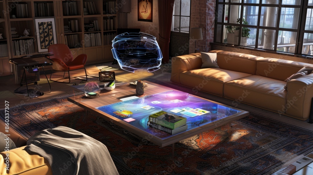 photorealistic living room, floating above the coffee table, displaying ...