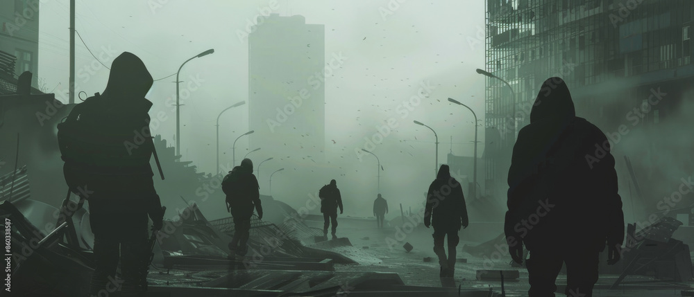 Foto de Dark, hooded figures traverse a foggy, desolate city, captured ...
