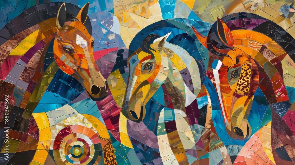 square segmented sectional abstract, a family of race horses, realistic ...