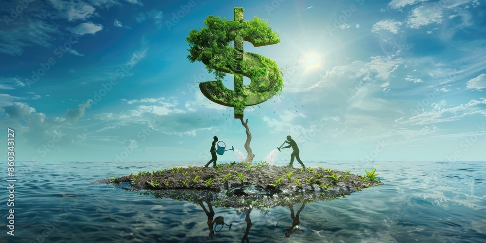 political satire style picture. Two people pushing a giant watering can ...