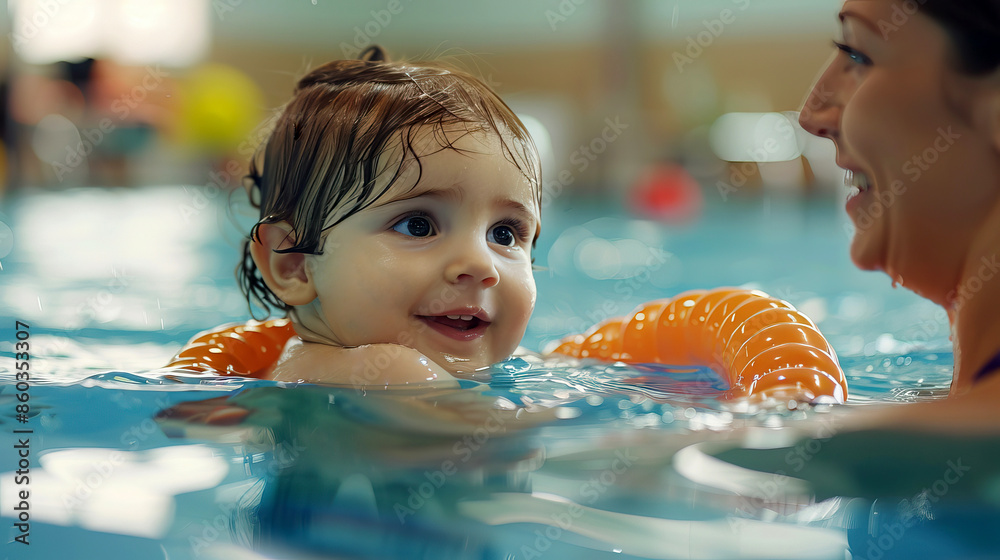 Smiling Baby Learning to Swim with Parent in a Pool, Wearing an Orange ...