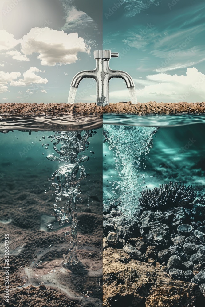 Glass of water with ocean background, split view concept of water cycle ...