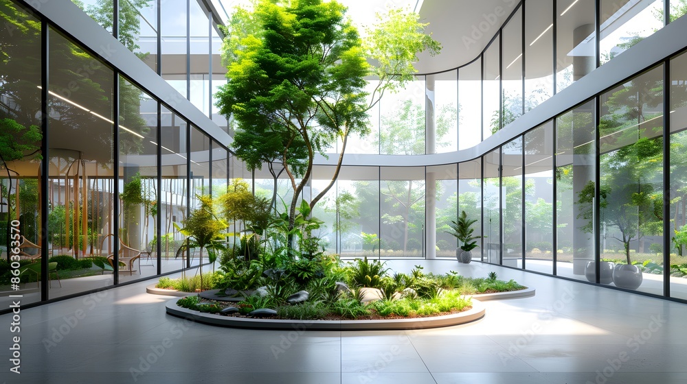 A modern office building with glass walls and trees growing inside ...