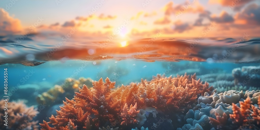 Life on Coral Reefs Underwater and Above at Sunset. Concept Underwater ...