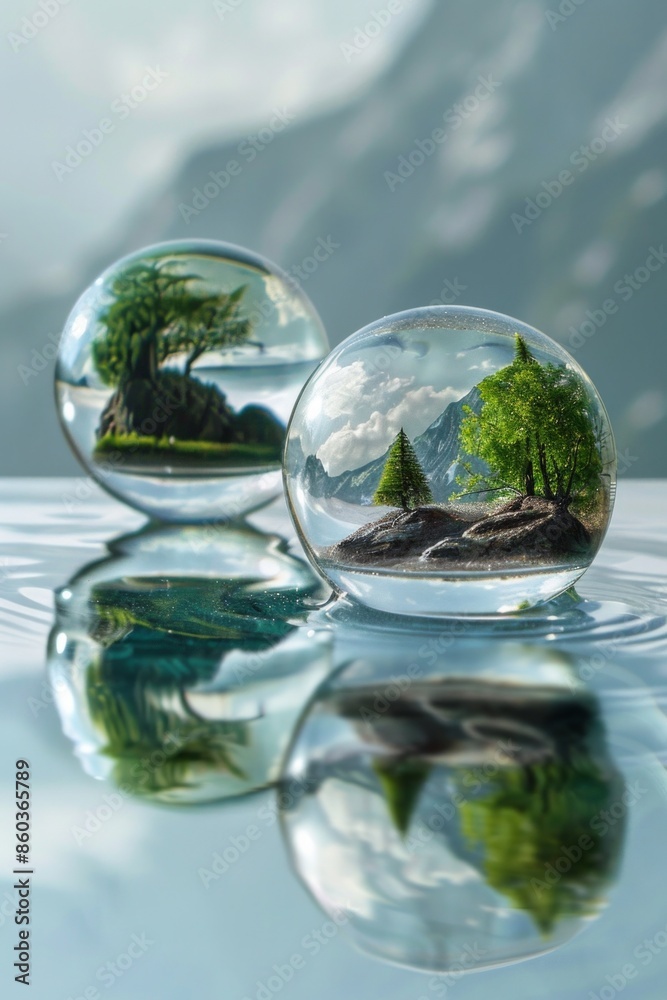 ภาพประกอบสต็อก Transparent glass orbs floating above a reflective ...