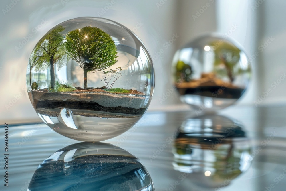 Transparent glass orbs floating above a reflective surface, each ...
