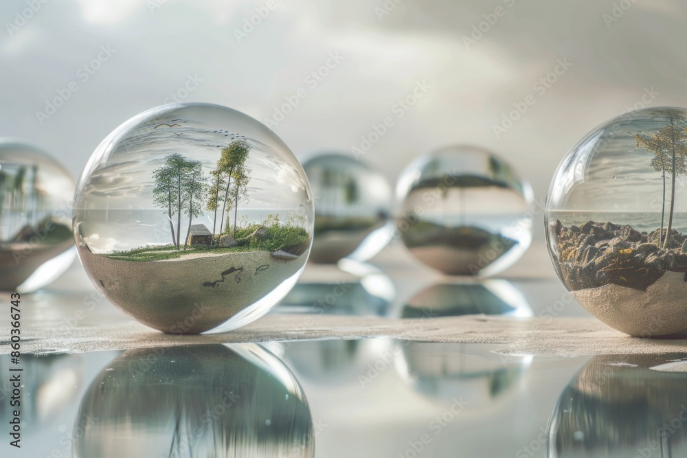 Transparent glass orbs floating above a reflective surface, each ...