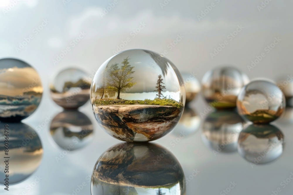 Transparent glass orbs floating above a reflective surface, each ...
