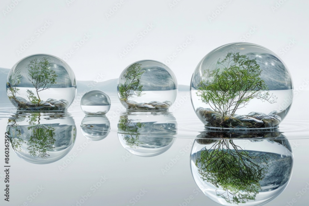 Transparent glass orbs floating above a reflective surface, each ...