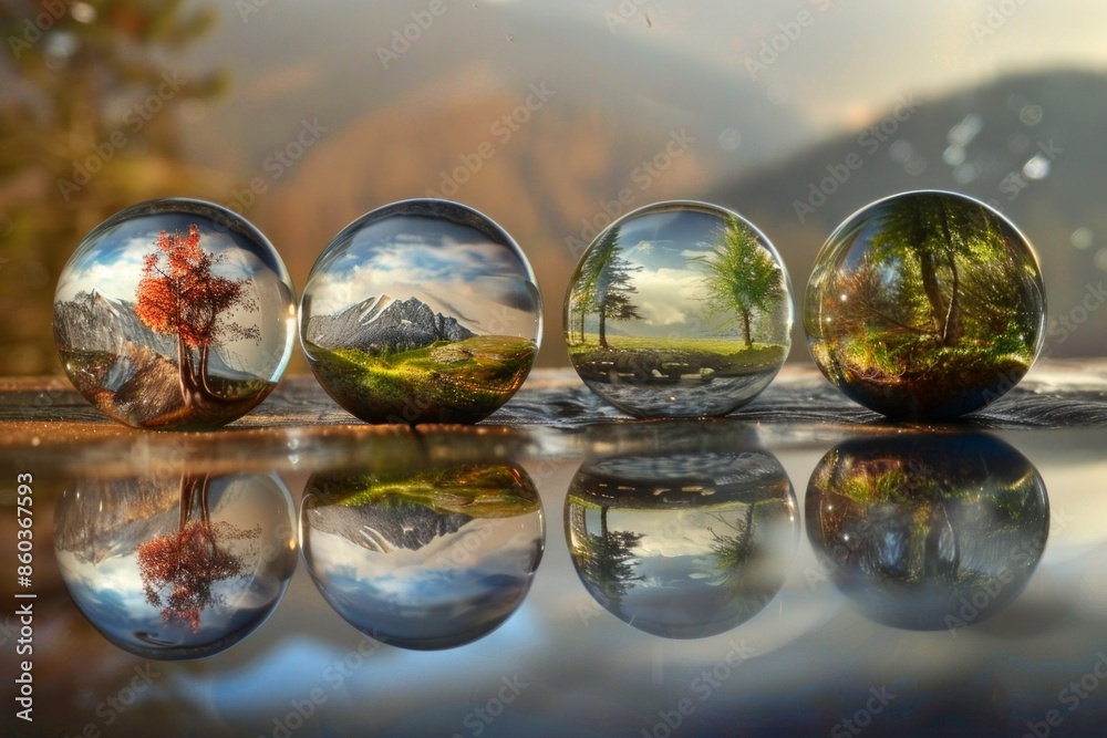 Transparent glass orbs floating above a reflective surface, each ...