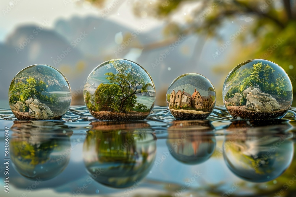 Transparent glass orbs floating above a reflective surface, each ...