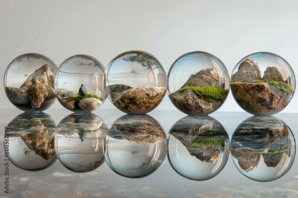 Transparent glass orbs floating above a reflective surface, each ...