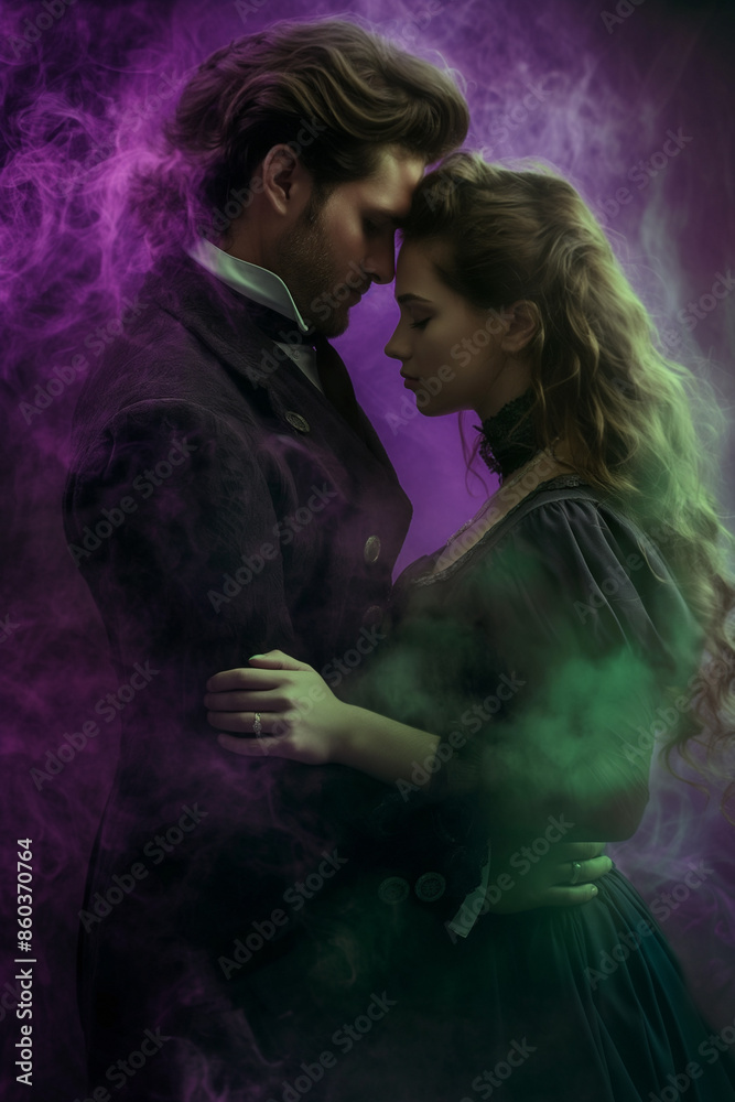 Historical romance with a passionate couple. Vintage man and woman in ...