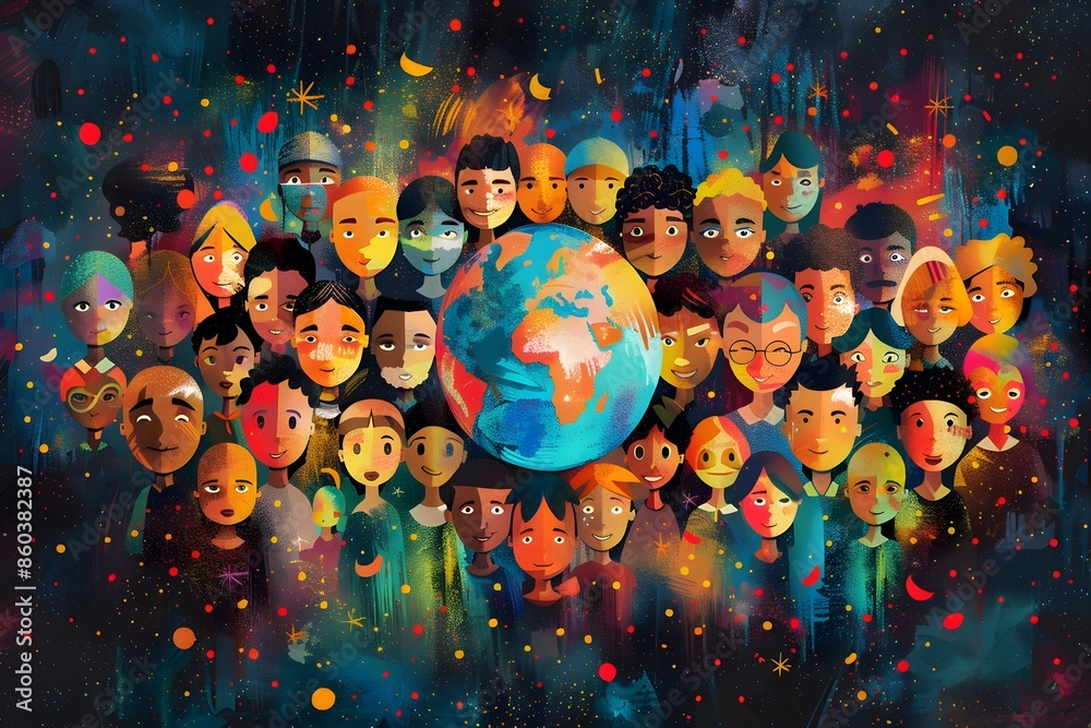different humans around an earth, wide range of ethnicities, ages, and ...