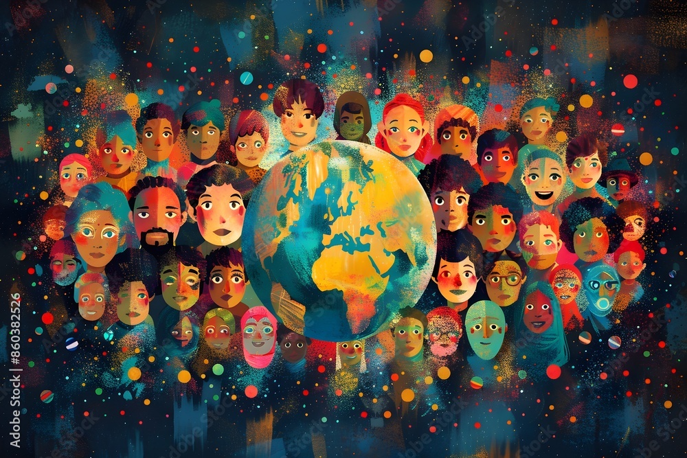 different humans around an earth, wide range of ethnicities, ages, and ...