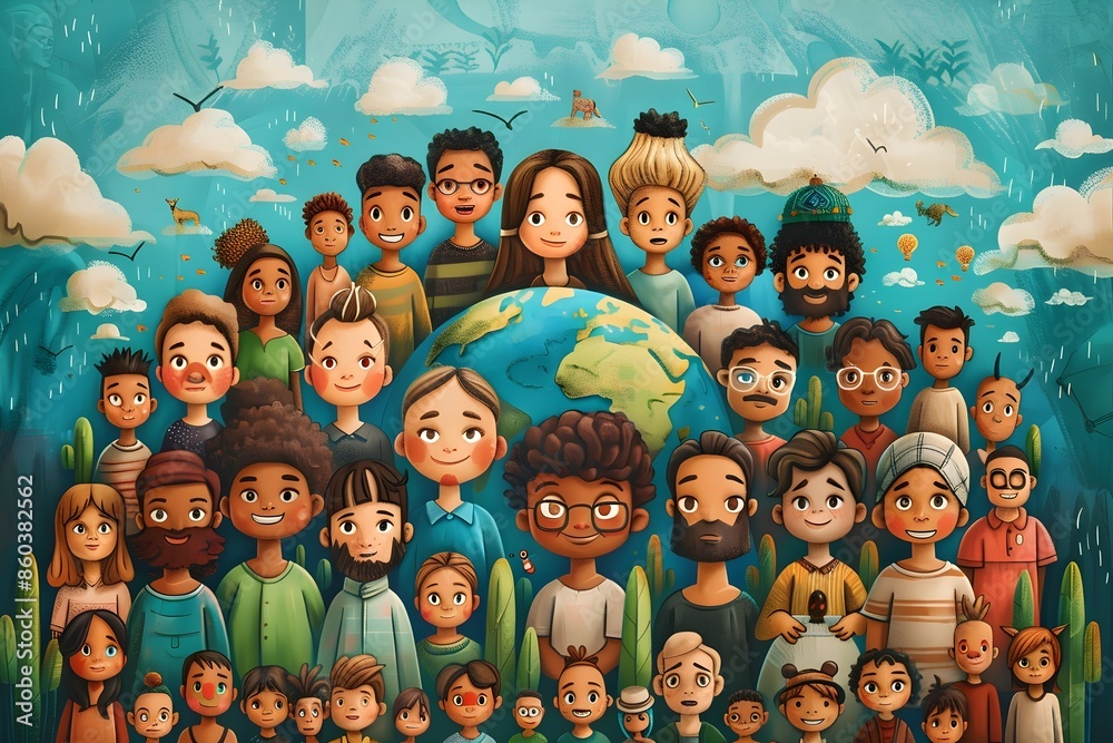 an art piece of different humans around an earth, wide range of ...