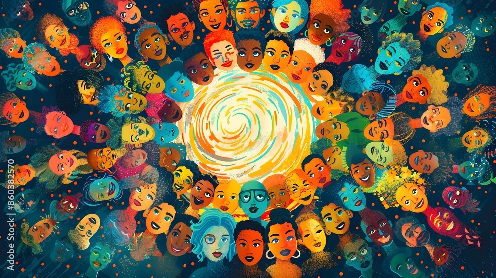 an art piece of different humans around an earth, wide range of ...