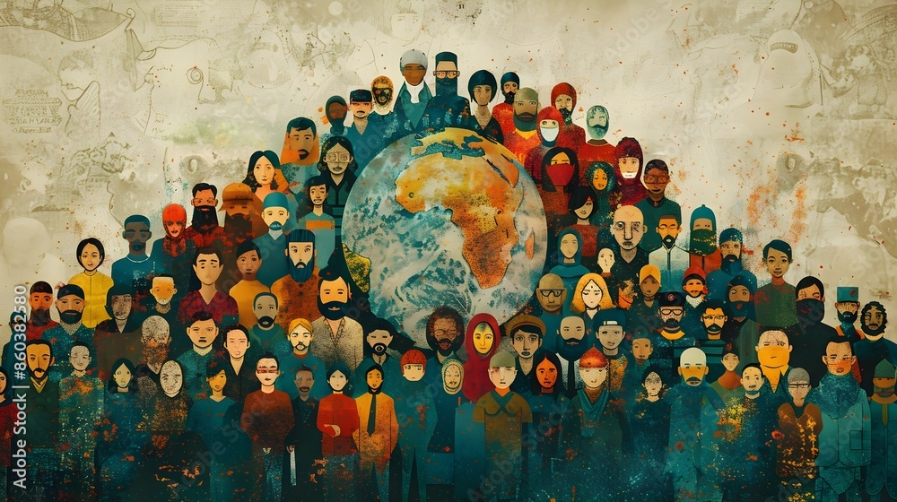 an art piece of different humans around an earth, wide range of ...