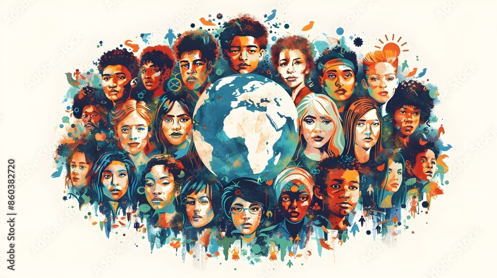 an art piece of different humans around an earth, wide range of ...