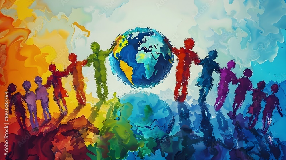 different humans holding hands around the vibrant globe. unity in diversity. humans hold hands ...