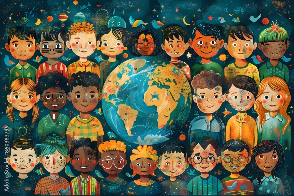 an art piece of different humans around an earth, wide range of ...