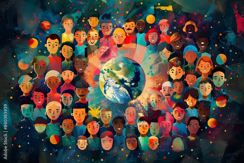 an art piece of different humans around an earth, wide range of ...