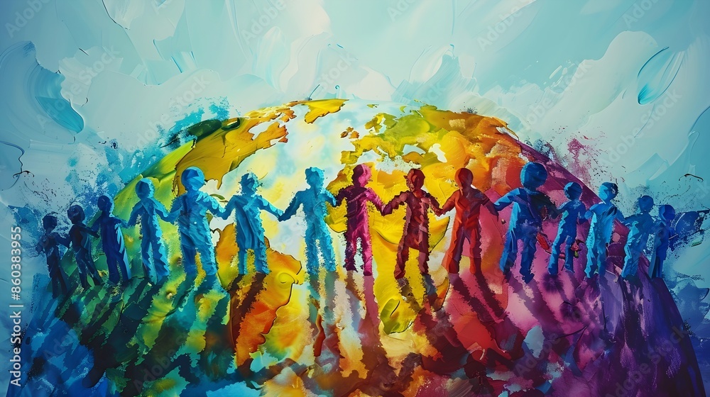 different humans holding hands around the vibrant world map. unity in ...