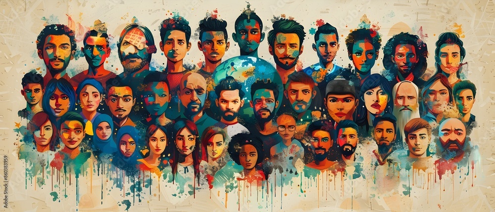 an art piece of different humans around an earth, wide range of ...