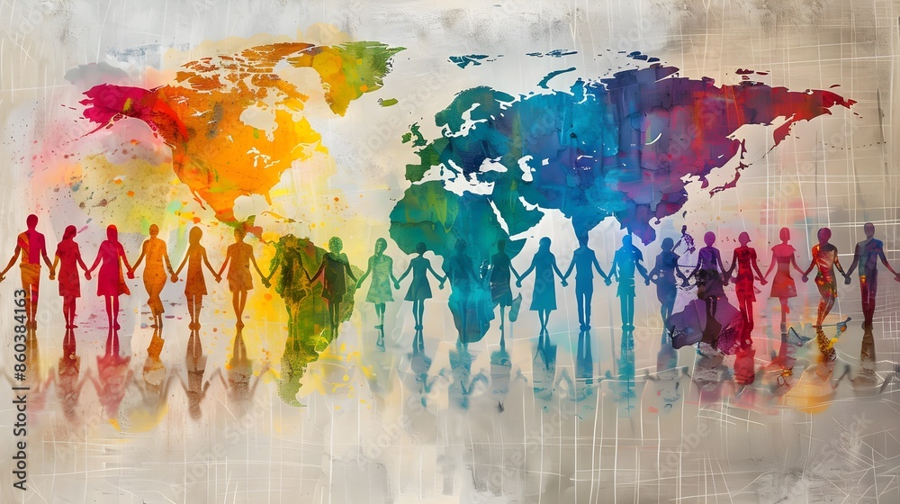 different humans holding hands around the vibrant world map. unity in ...