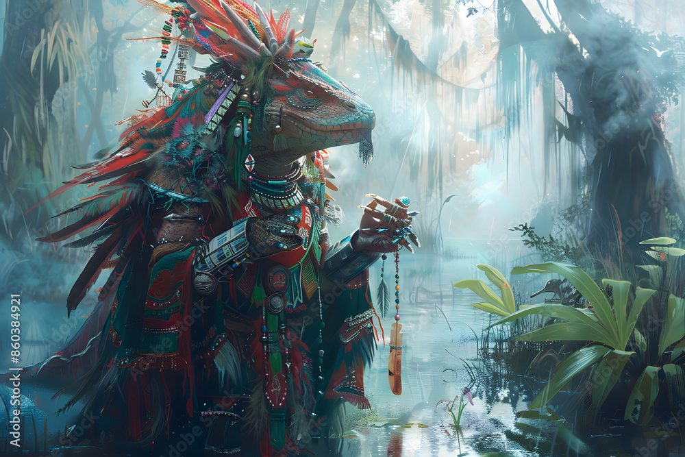 A vibrant illustration of a lizardfolk shaman performing a ritual, with ...