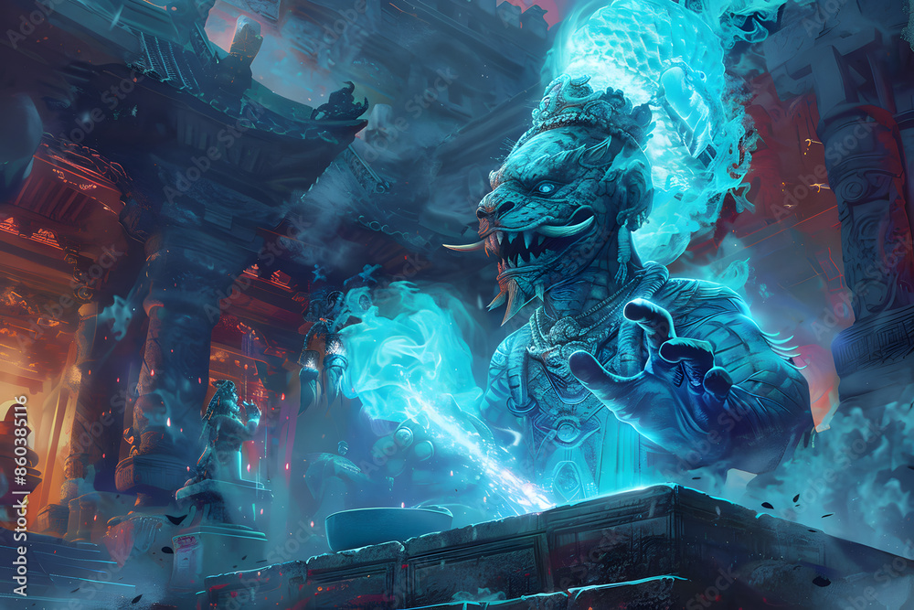 A vibrant illustration of a yuan-ti sorcerer casting a venomous spell ...