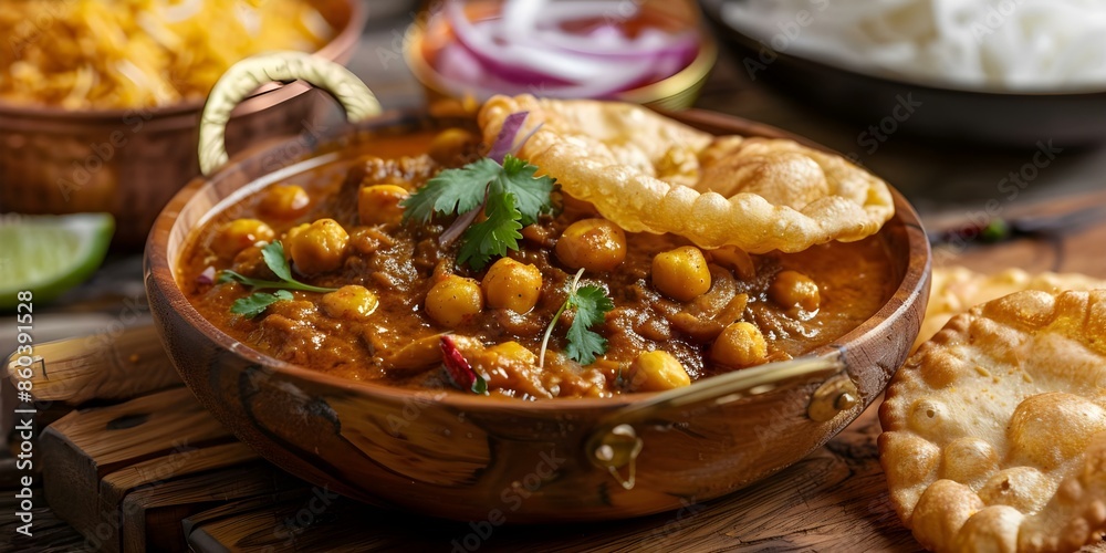 Authentic Indian Chole Bhature served on a rustic wooden board. Concept ...