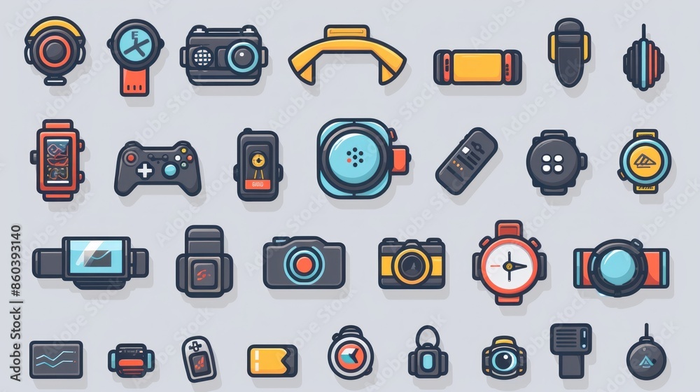 Collection of 2D icons illustrating essential tech gadgets and devices ...