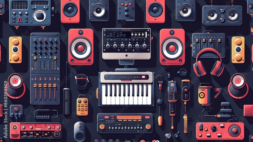 Collection of 2D icons featuring various types of audio equipment such ...