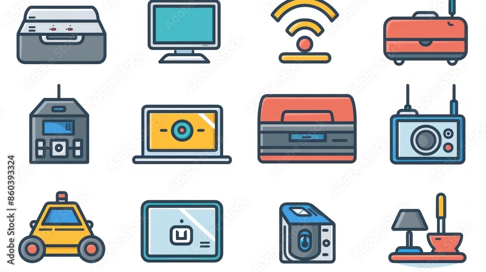 Collection of 2D icons depicting home office technology including a ...