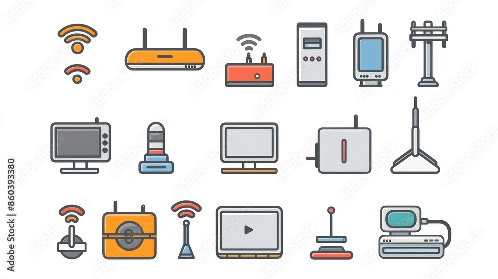 Collection of 2D icons showcasing various networking devices including ...