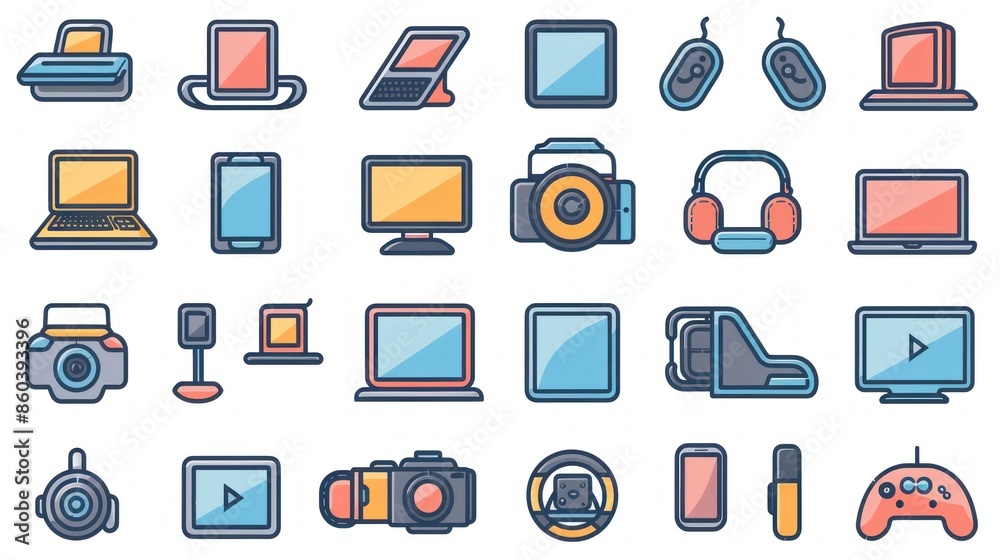 A set of 2D icons representing different types of computer peripherals ...