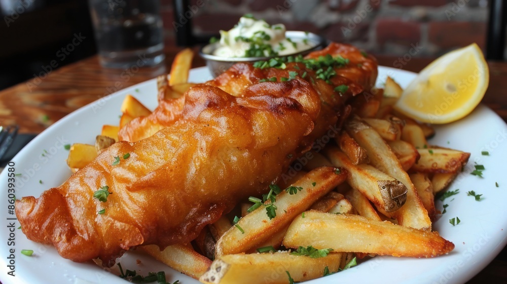 Crispy fish and chips, featuring tender flaky fish coated in a golden ...