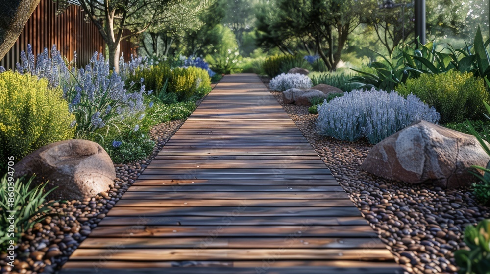 hyper realistic photo of a wooden pathway going straight over a ...