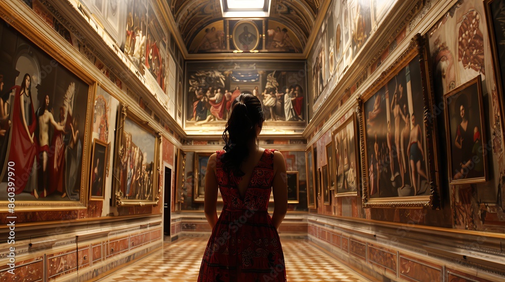 Amidst the hushed elegance of an ancient museum, a woman stands ...