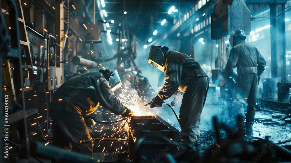 Welders work on welding, repairing a metal part, an iron structure ...