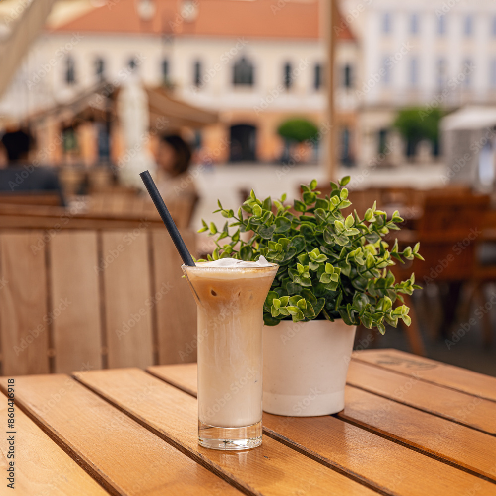 Iced coffee standing the summer vibes on a cafe terrace Stock Photo ...