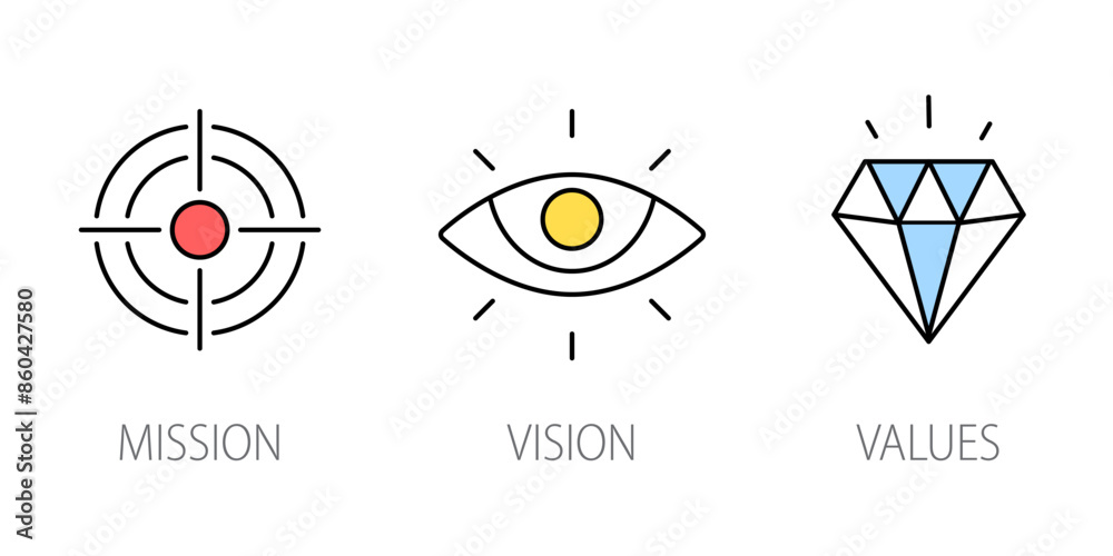 Mission Vision Values of company icon set, Success symbol isolated ...